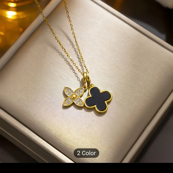 Jewelry | New Stunning Ss Double Clover Charm Cz Necklace In Black And ...